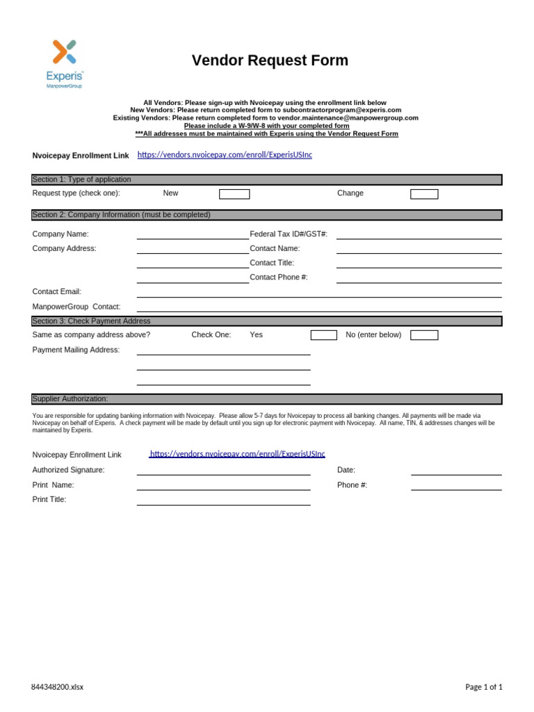 Experis Vendor Request Form | PDF