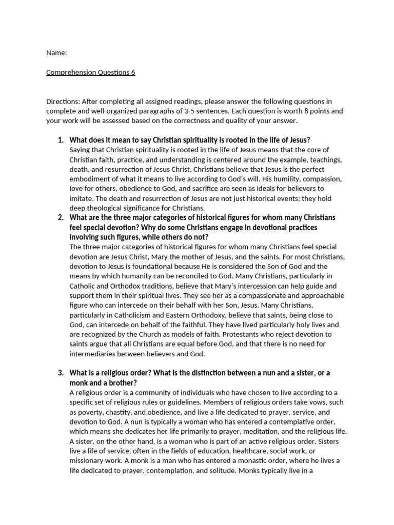 Comprehension Questions 6 Theology | PDF | Nun | Monk