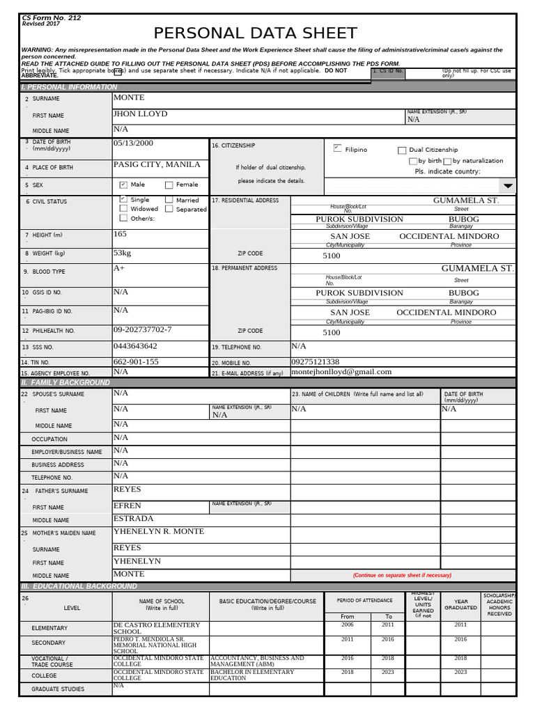 MONTE Personal Data Sheet CS Form No. 212 Revised 2017 | PDF ...
