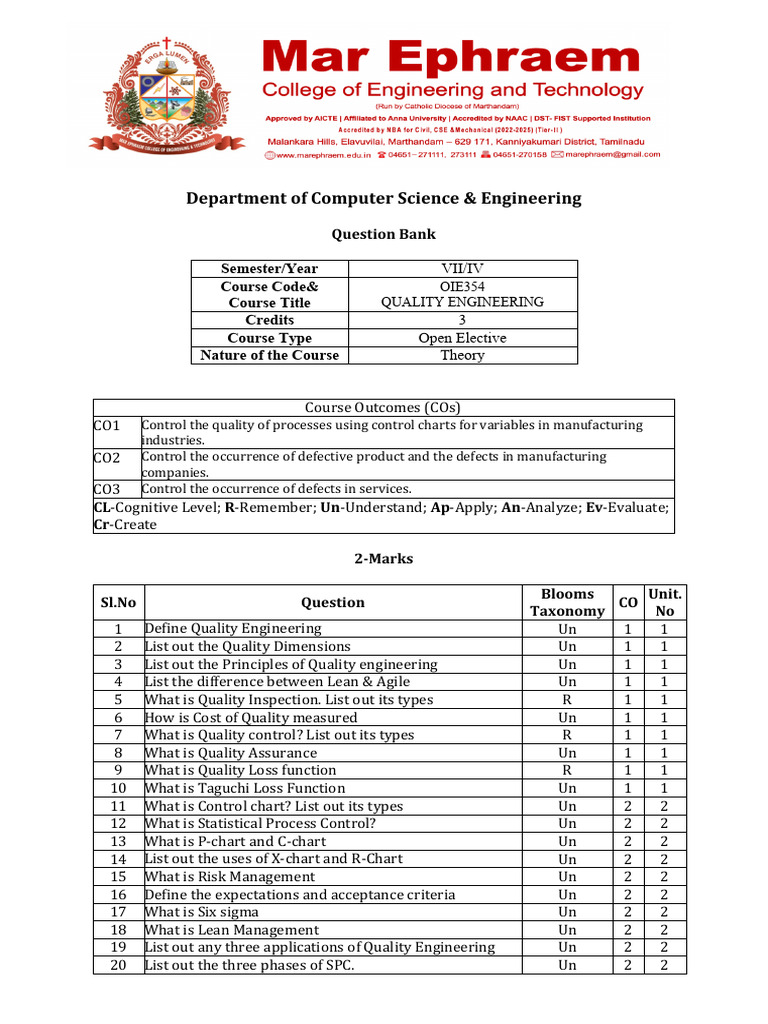 OIE354-Quality Engg - Question Bank Format | PDF | Quality Assurance | Applied Mathematics