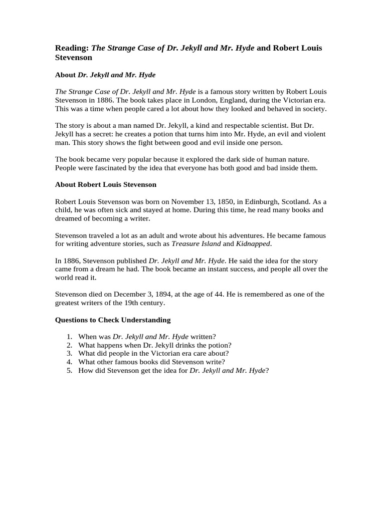 Reading Dr. Jekyll and Mr Hyde A1/A1 | PDF | Dr. Jekyll And Mr. Hyde ...