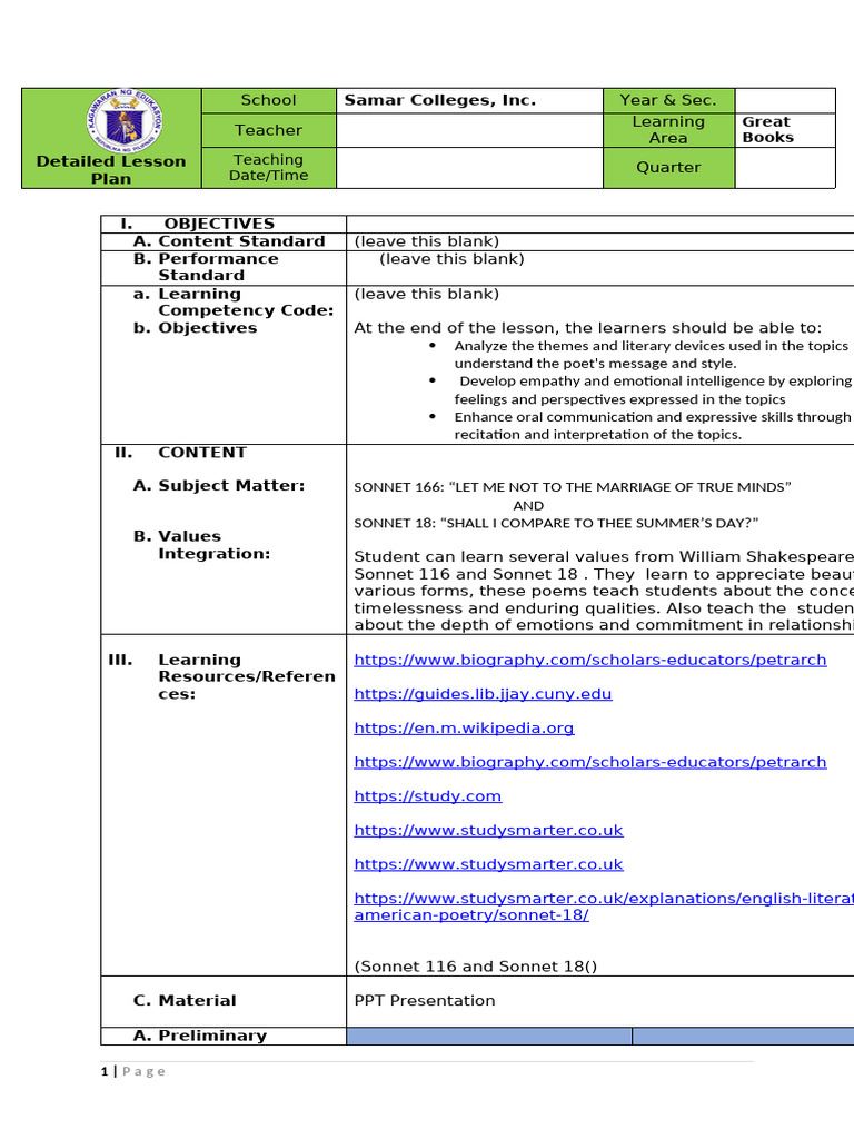 Shakespeare Sonnet Lesson Plan | PDF | Sonnets | Poetry
