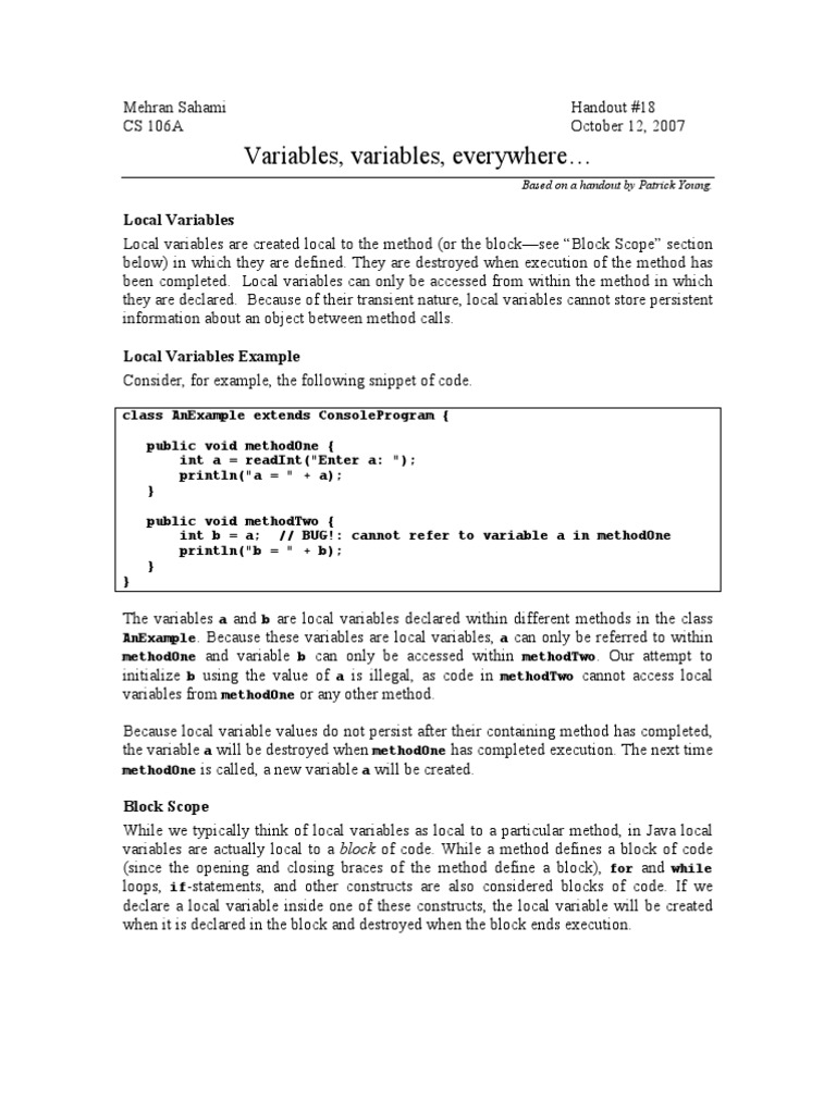 Variables, Variables, Everywhere : Based On A Handout by Patrick Young ...