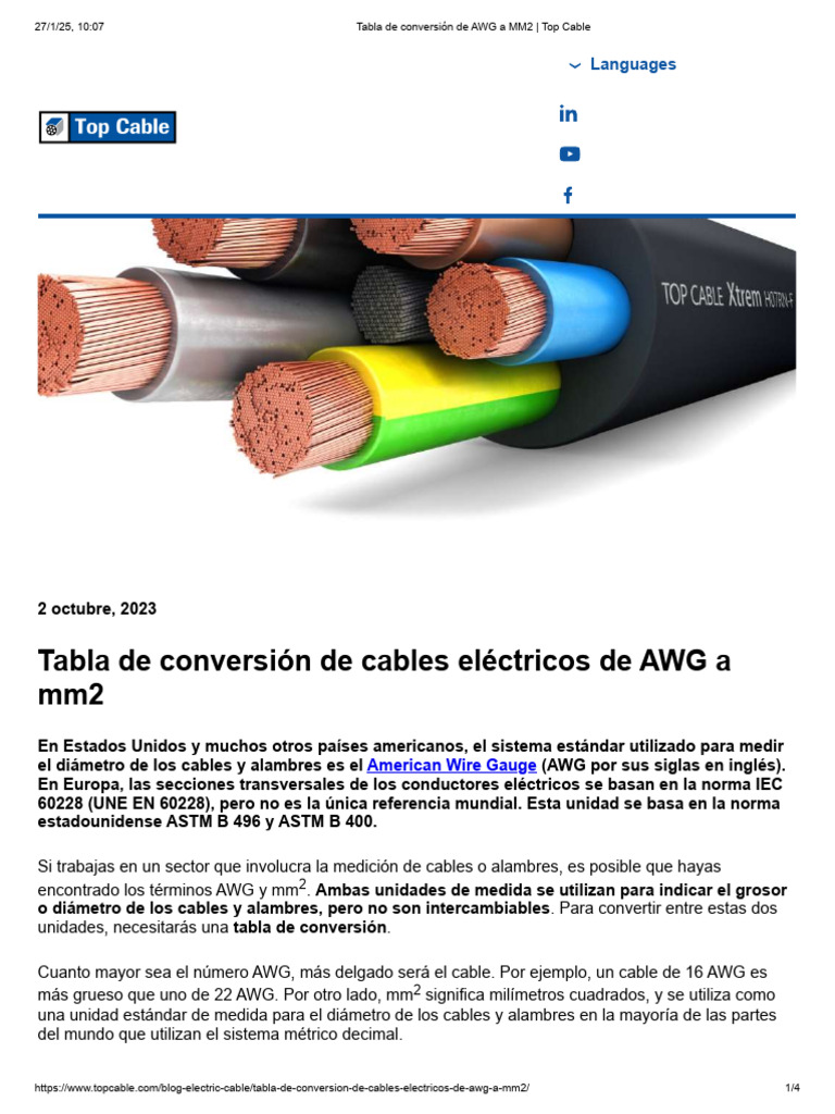 Tabla de Conversión de AWG A MM2 - Top Cable | PDF | Electricidad