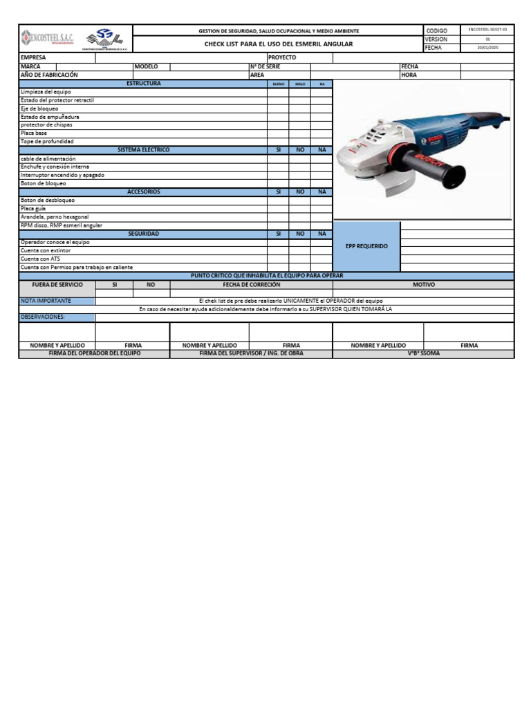 Checklist Seguridad Esmeril Angular | PDF