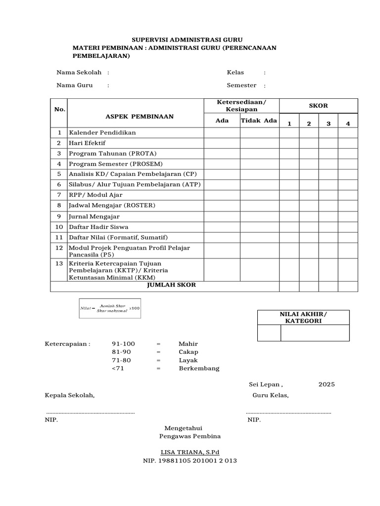 Lembar Instrumen Guru (Supervisi Kelengkapan) | PDF