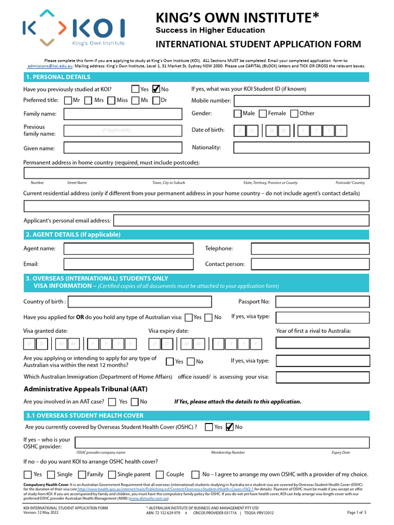 KOI International Student Application Form | PDF | Notary Public | Diploma