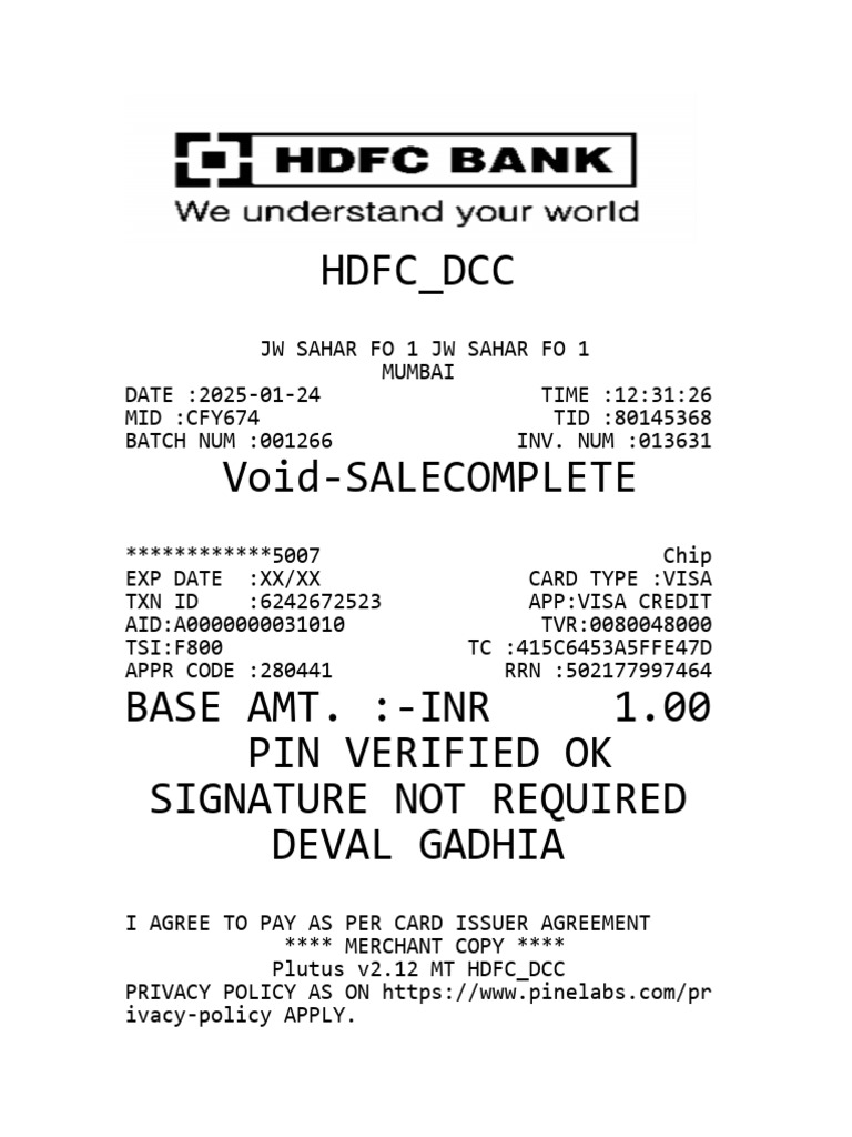 HDFC DCC Transaction Receipt | PDF