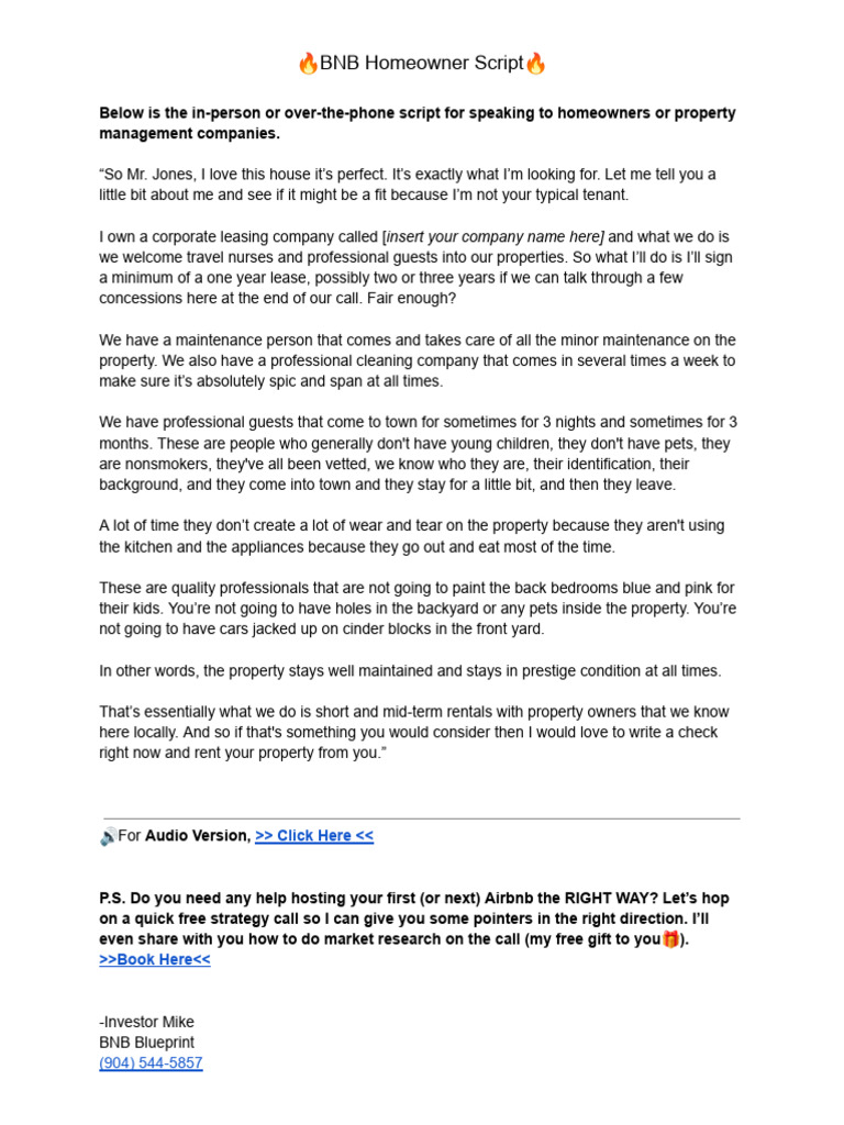 BNB Homeowner Script 2.0 | PDF | Housing