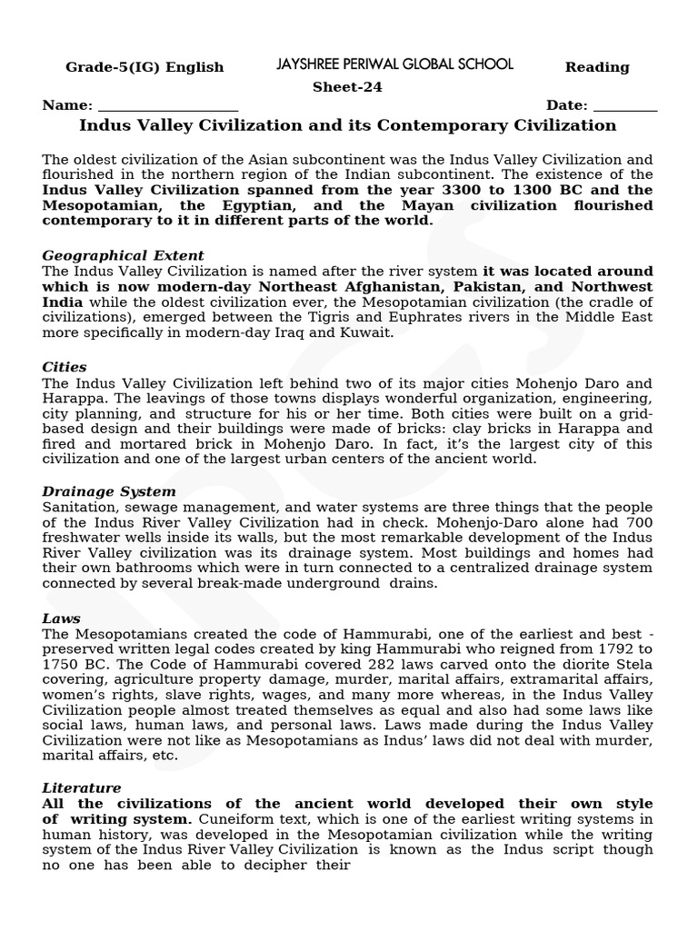 Reading Sheet-24 (Indus Valley Cvilisation & Maya_250107_162415 | PDF ...