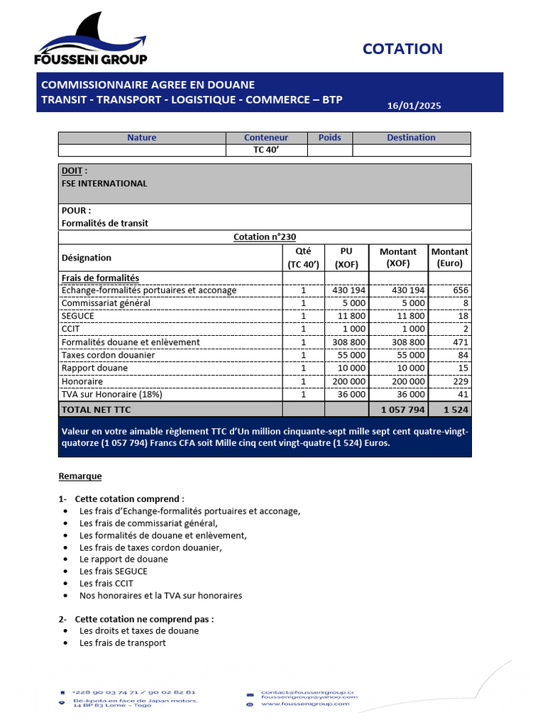 Cotation des frais de transit 2025 | PDF | Taxe sur la valeur ajoutée ...