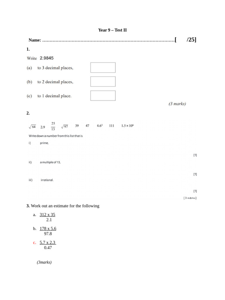 Year 9 Test | PDF