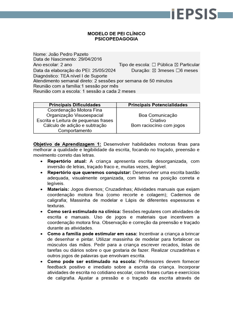 MODELO DE PEI CLINICO Preenchido | PDF | Matemática | Aprendizado