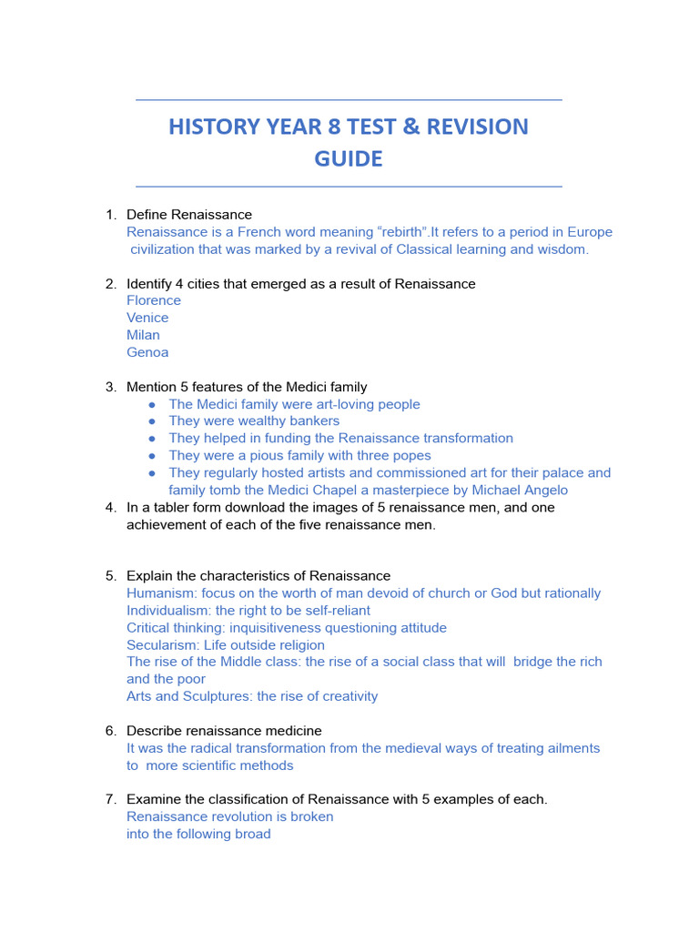 History Year 8 Revision Guide | PDF | Renaissance | German Empire