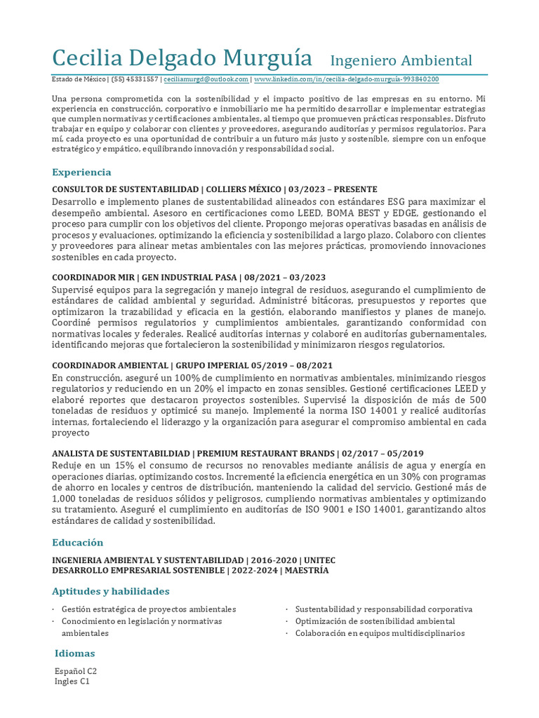 Ingeniero Ambiental Especializado en Sostenibilidad | PDF ...