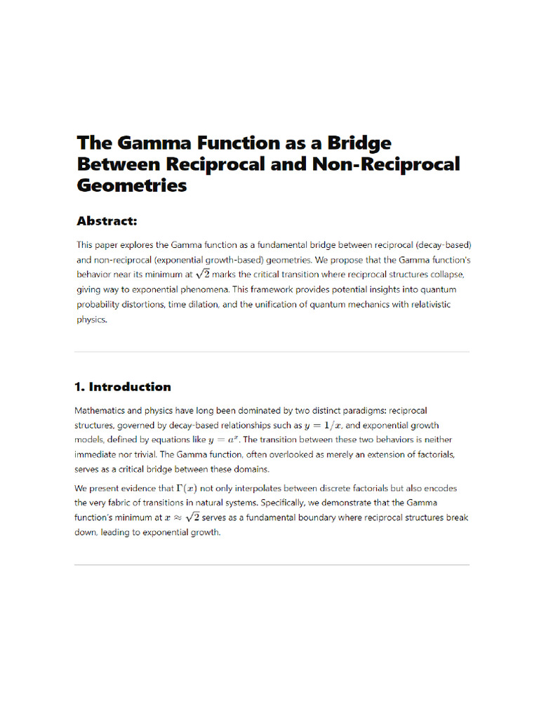 The Gamma Function As A Bridge Between Reciprocal and Non Reciprocal Geometries | PDF