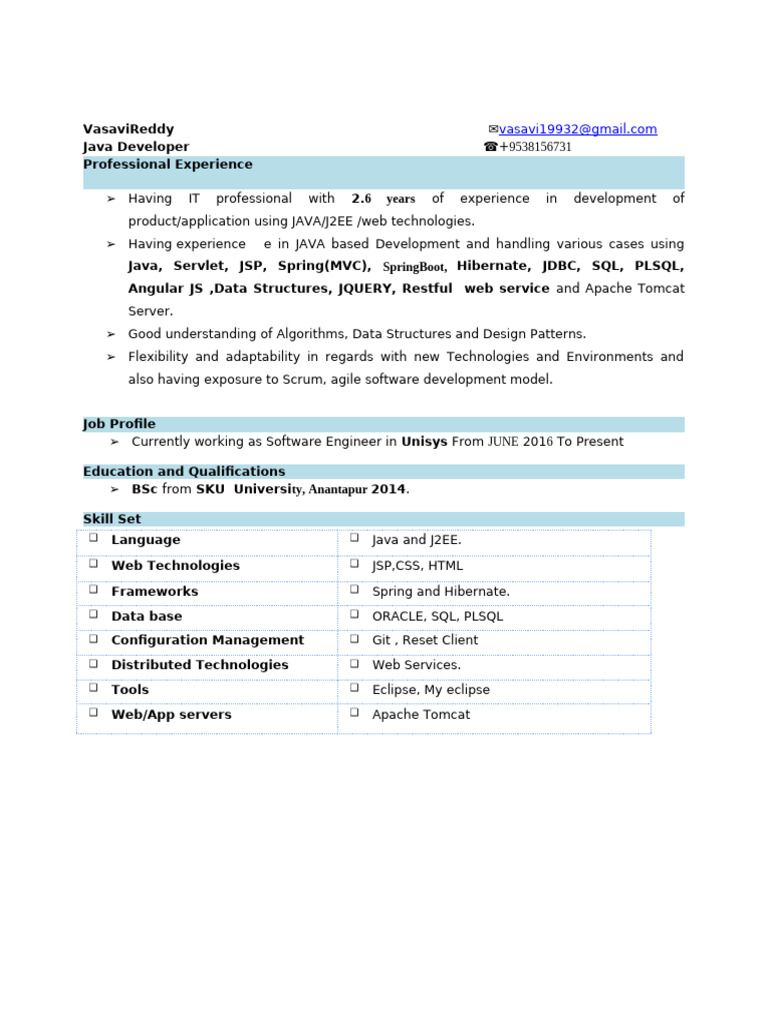 VASAVI 2.6 Yrs Java Developer | PDF | Java (Programming Language) | Computing