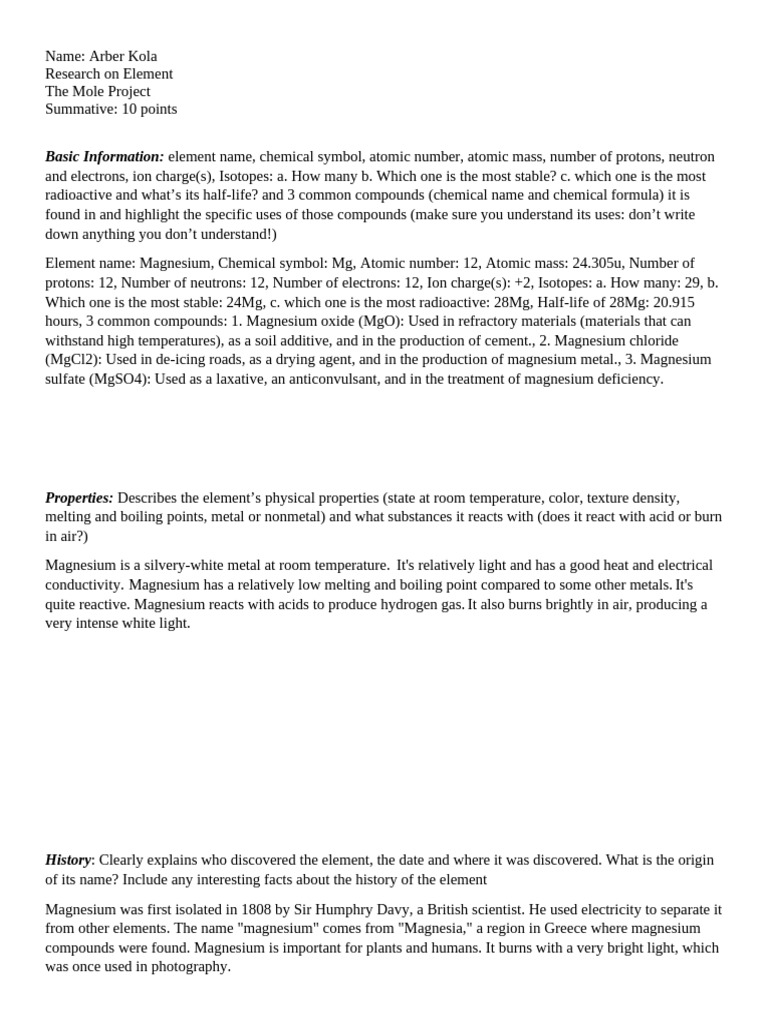 Element Project Research Template | PDF | Magnesium | Chemical Elements
