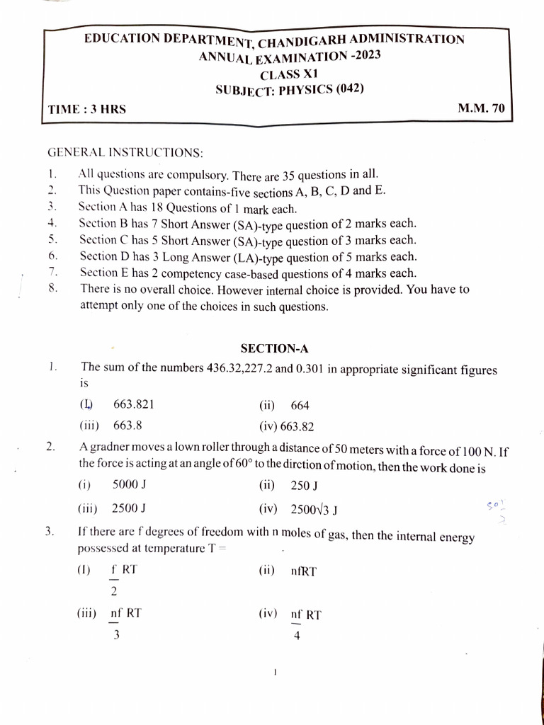 GMSSS CHD CLASS 11th Physics Question Paper | PDF | Force | Mass