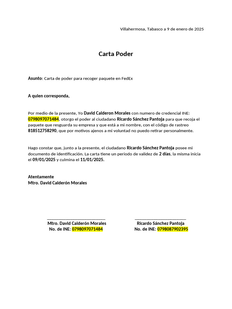 Carta-Poder Paquete FedEX | PDF