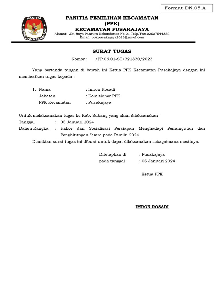 SPPD Rakor BIMTEK 05 Januari 2024 PPK Pusakajaya | PDF