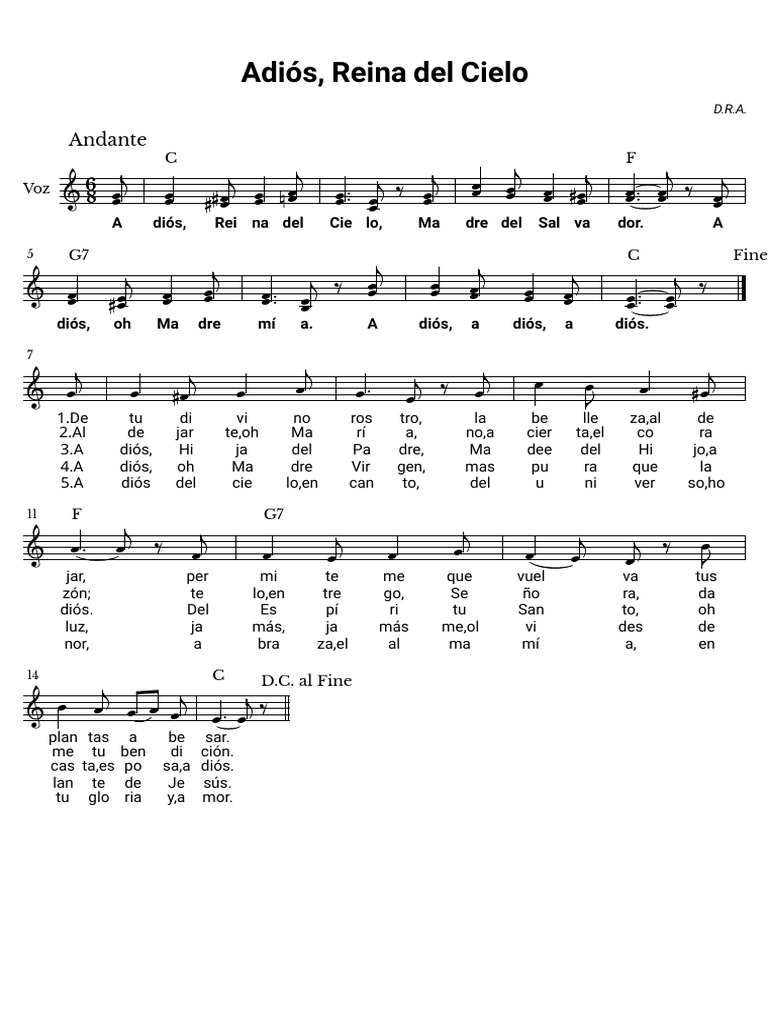 Letra y acordes de "Adiós Reina del Cielo" | PDF