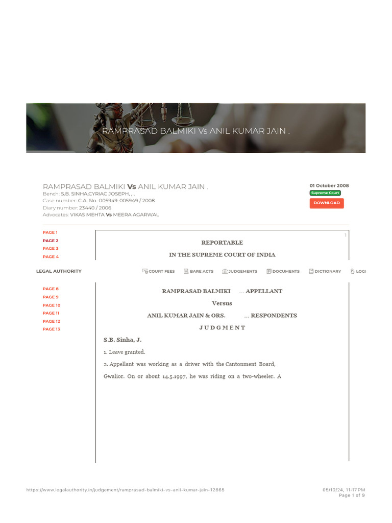 Ramprasad Balmiki Vs Anil Kumar Jain - Legal Authority | PDF | Appeal ...