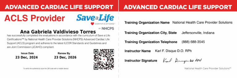 Acls Advanced Cardiac Life Support Certification Course Card | PDF