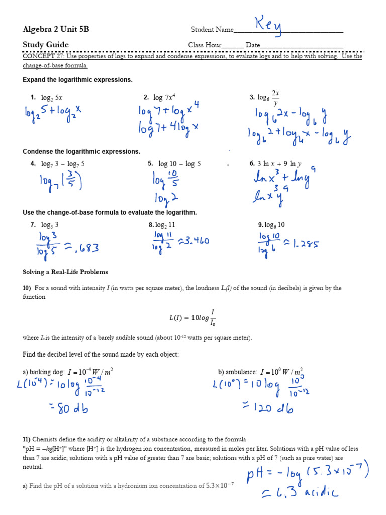 Alg2 - Unit 5B Study Guide KEY | PDF | Ph | Logarithm