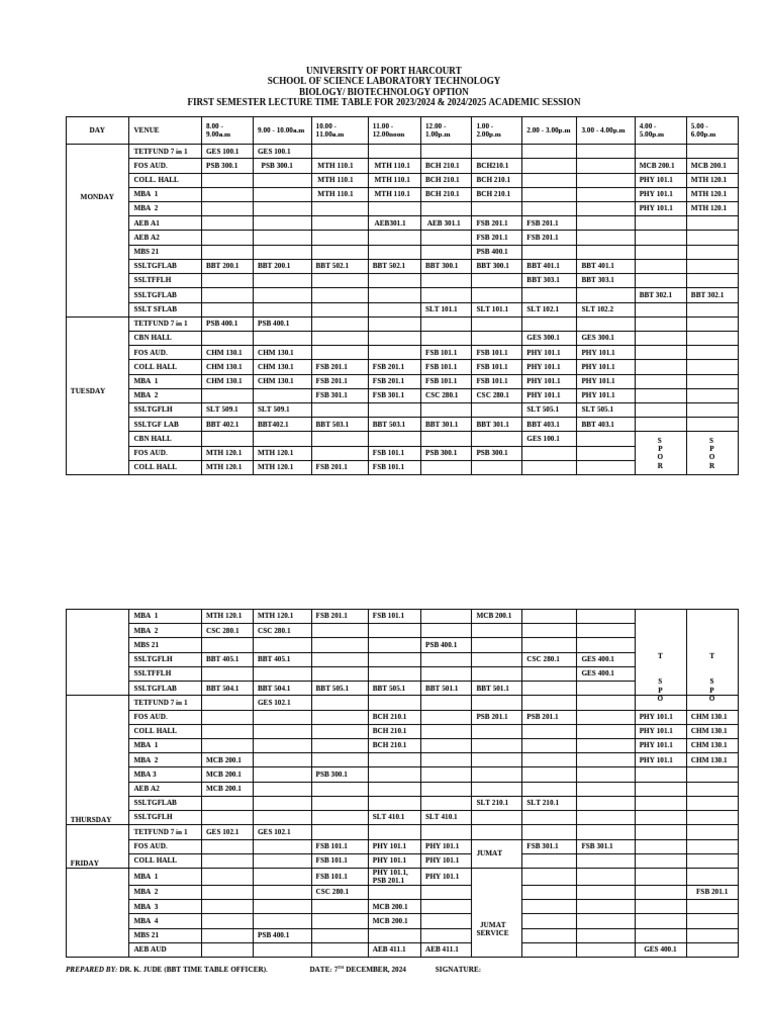 BBT 2023 2024 and 2024 2025 First Semester Time Table | PDF