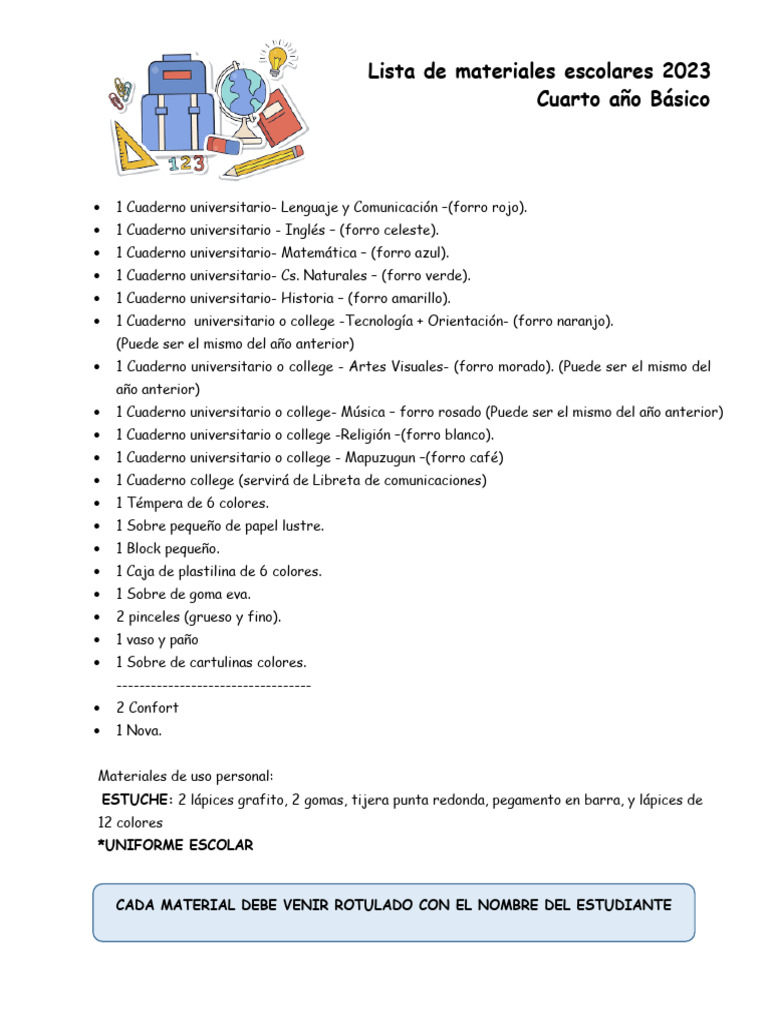 Materiales Escolares Cuarto Básico 2023 | PDF