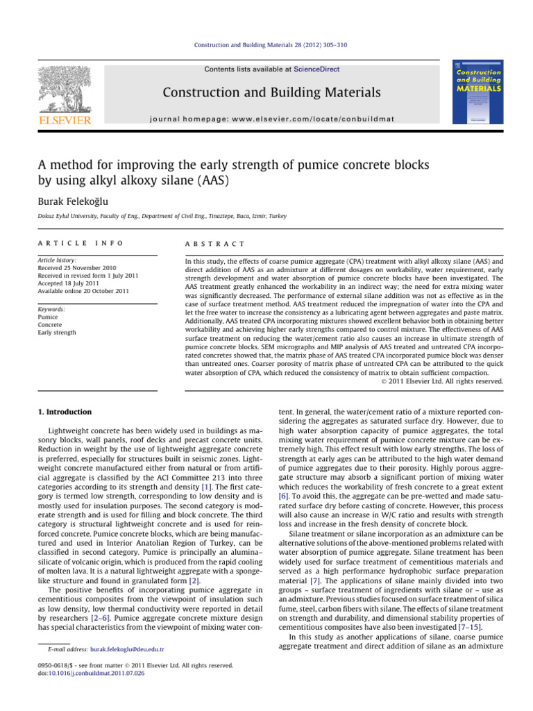A method for improving the early strength of pumice concrete blocks by ...