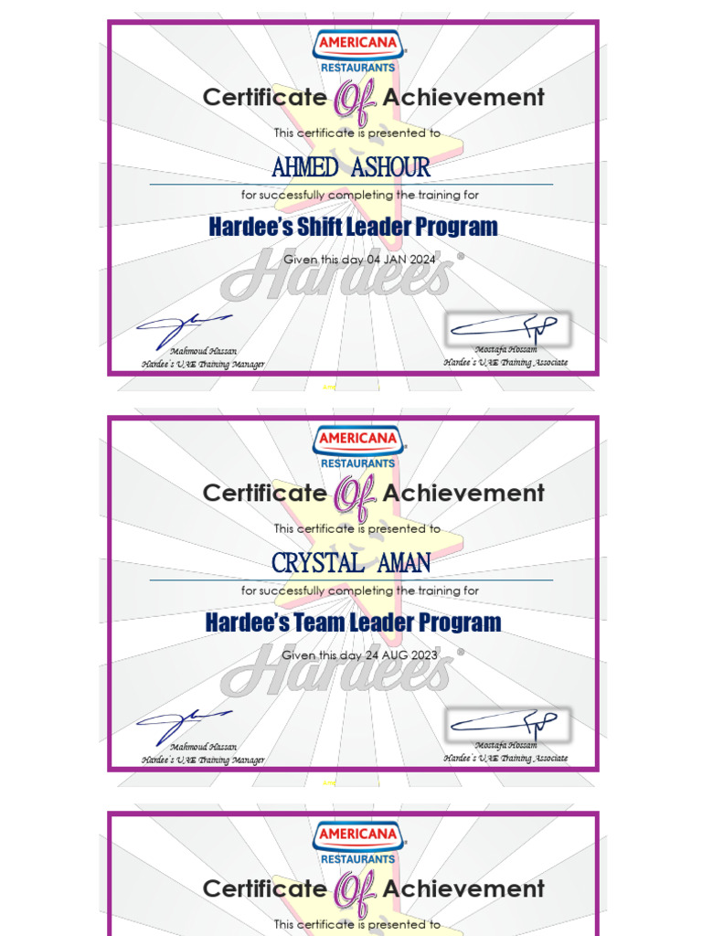 Hardee's Training Completion Certificates | PDF | Fast Food Restaurants