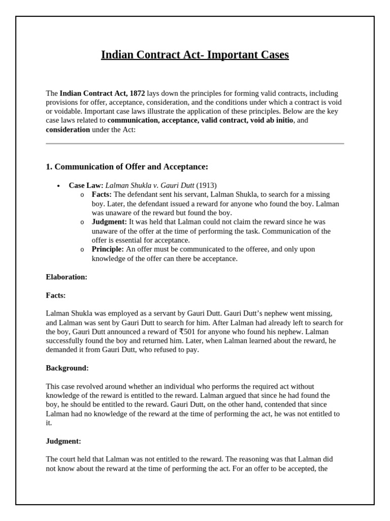 Key Case Laws of Indian Contract Act | PDF | Offer And Acceptance ...