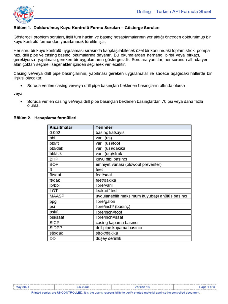 EX 0050 Drilling Turkish API Formula Sheet Version 4.0 May 2024 Turkish ...
