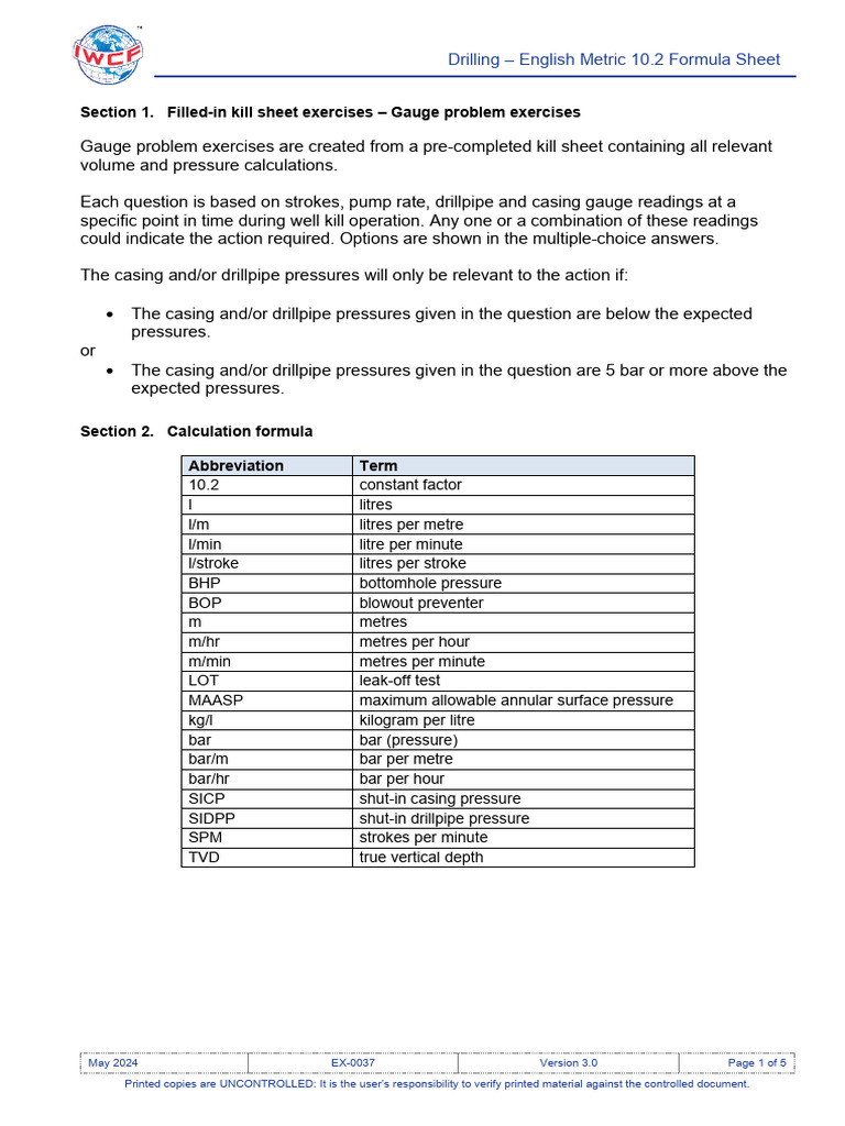 EX 0037 Drilling English BL 10.2 Formula Sheet Version 3.0 May 2024 BL2 ...