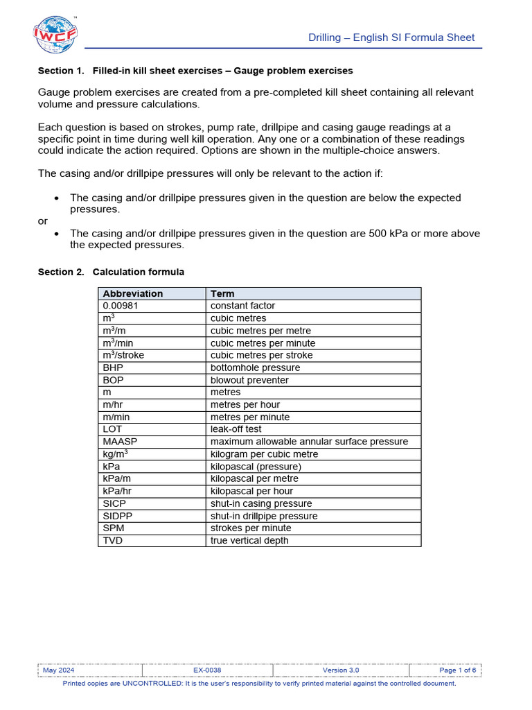 EX 0038 Drilling English SI Formula Sheet Version 3.0 May 2024 SI1 | PDF | Pressure | Pascal (Unit)