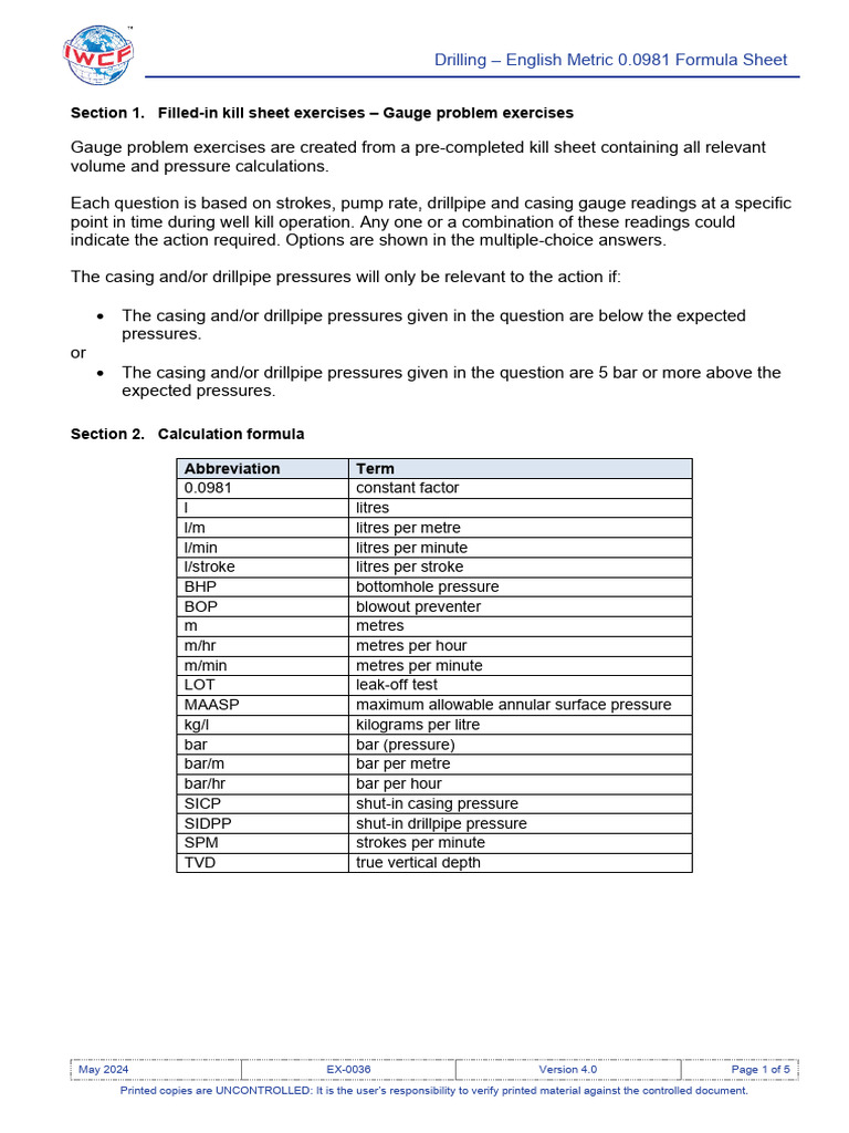 Drilling Formula Sheet: 0.0981 Metrics | PDF | Pressure | Density