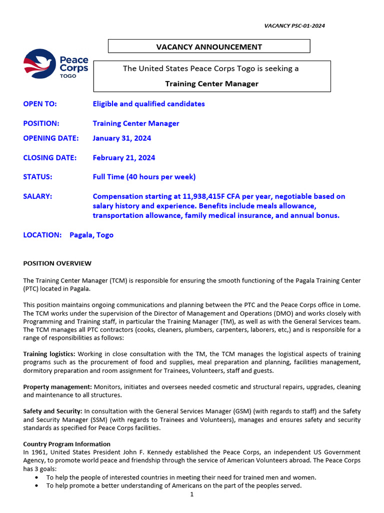 Training Center Manager Vacancy in Togo | PDF | Inventory | Peace Corps