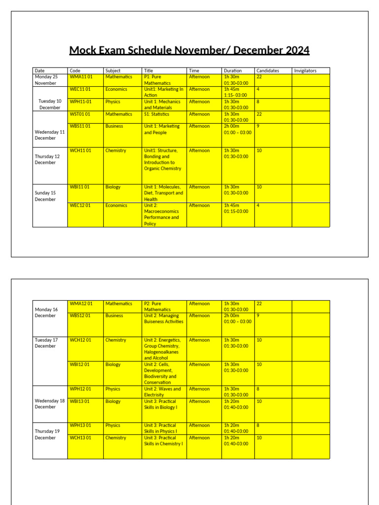 November-December Mock Exams Schedule | PDF | Chemistry | Physical Sciences