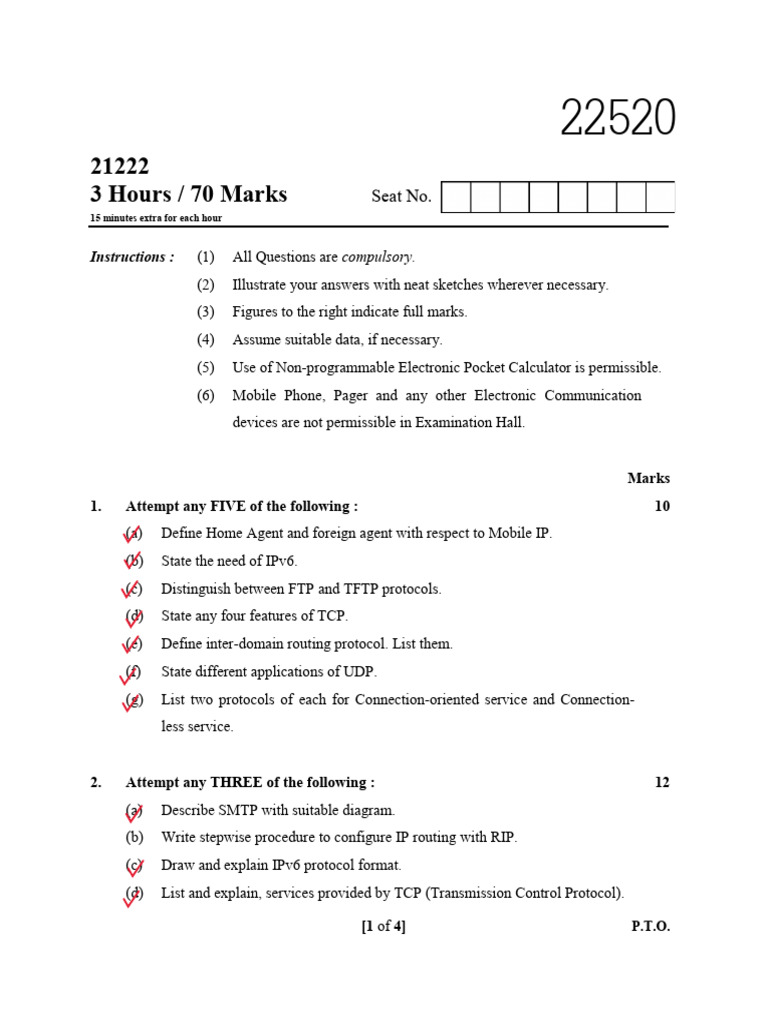 (22520) Advanced Computer Network Summer-2022 Question Paper | PDF | Internet Protocols | I Pv6