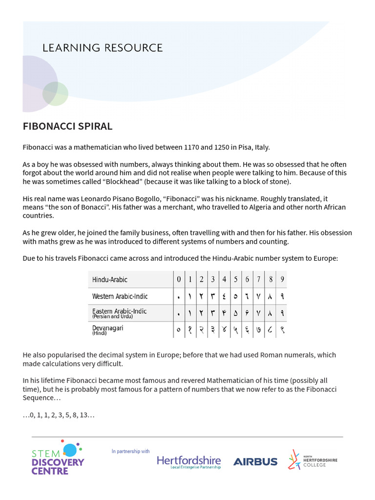 STEM Discovery Centre - Learning Resource - 12 - Fibonacci Spiral | PDF | Mathematics | Arithmetic