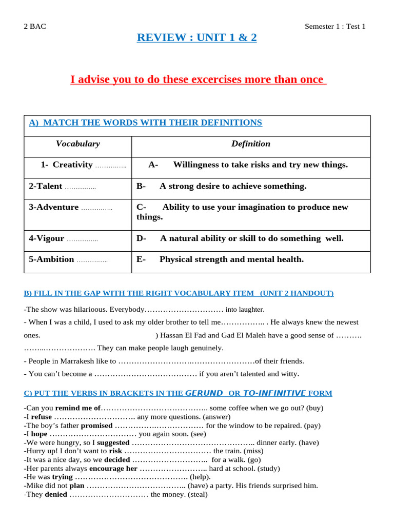 EXAMREVIEW. Semester 1. Test 1 | PDF