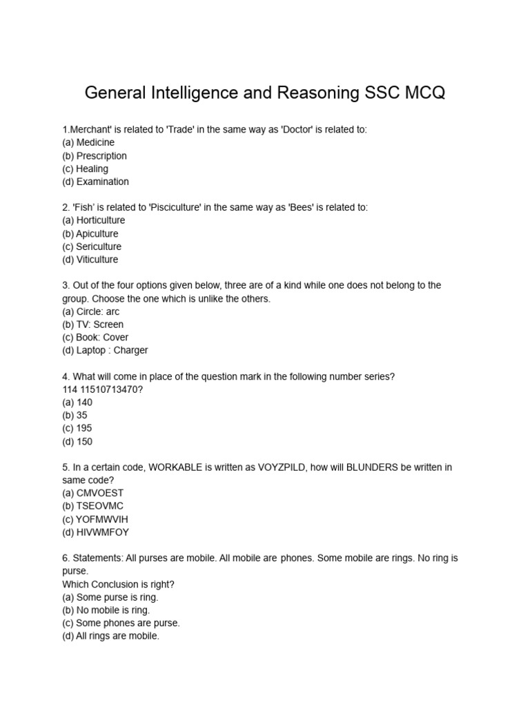 SSC General Intelligence MCQs | PDF