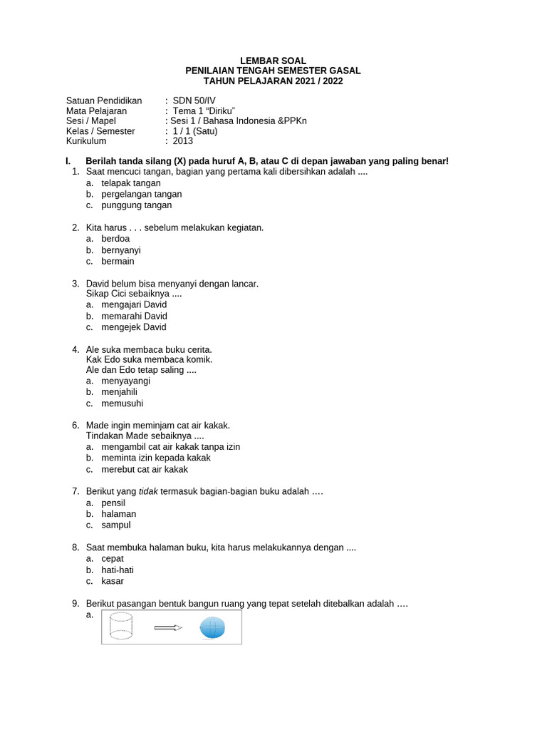 Soal & Jawaban PTS Kelas 1 Tema 1 Semester 1 Tahun 2021 Sinau-Thewe.com | PDF