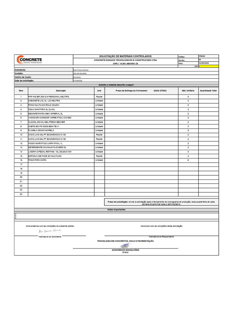 SOL001 - FP8404 - SOLICITAÇÃO DE MATERIAIS CONTROLADOS - MATERIAL DE ...