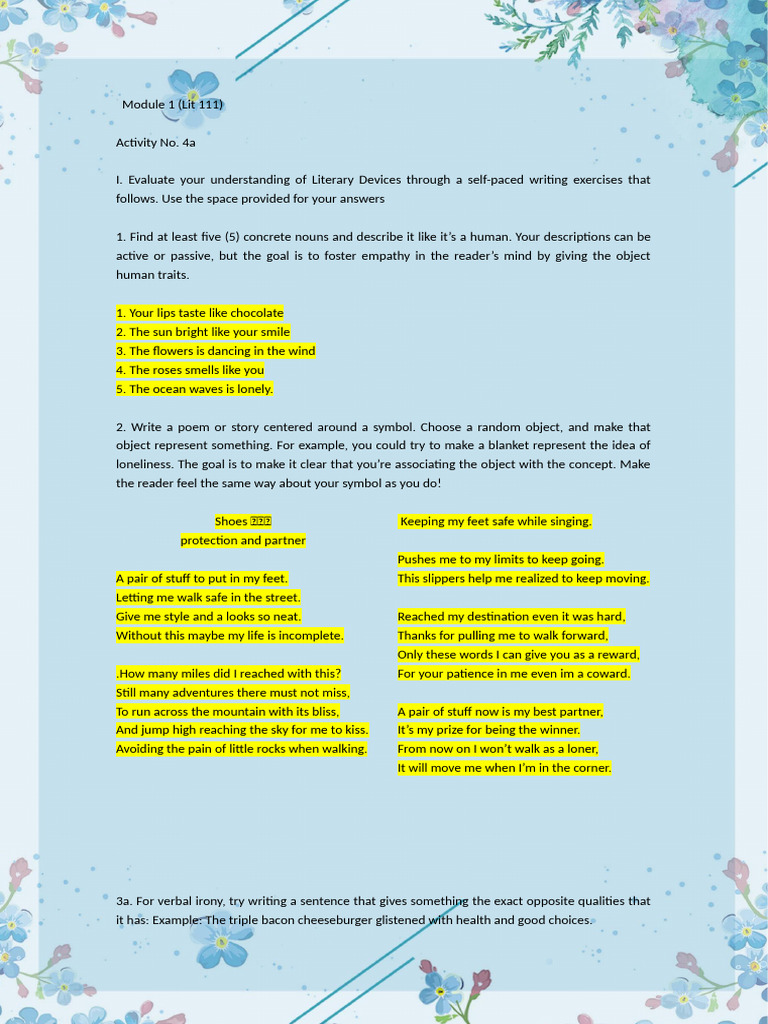 Literary Devices Writing Exercises | PDF | Poetry