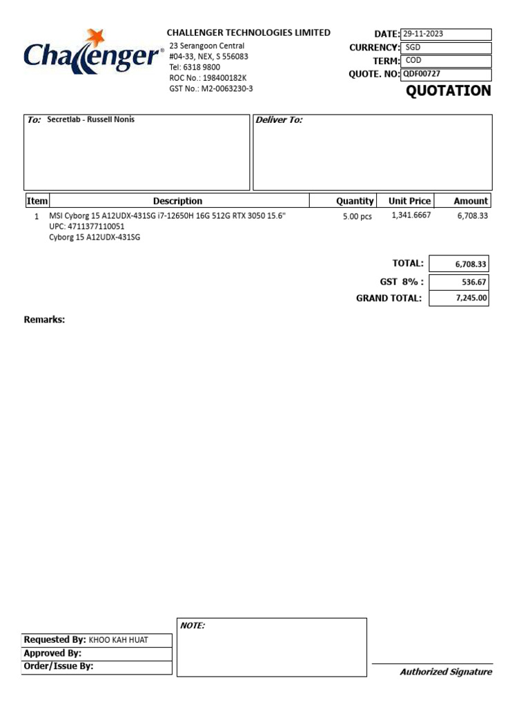 Quotation: Challenger Technologies Limited | PDF
