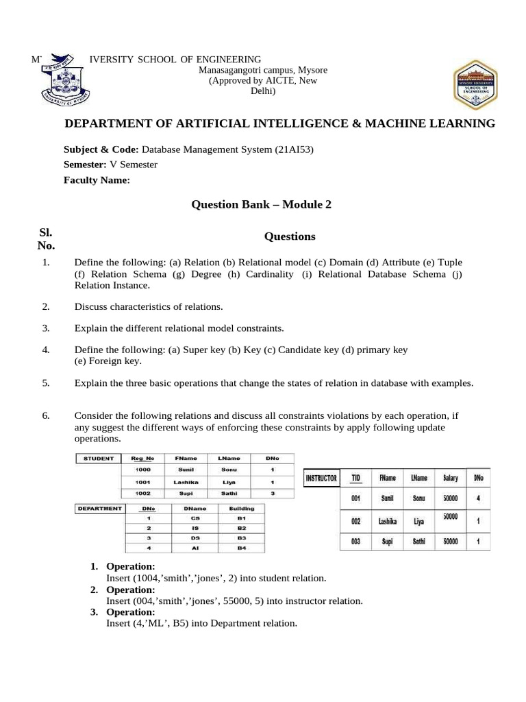 DBMS-Question Bank Module - 2 | PDF | Relational Model | Mathematical Logic