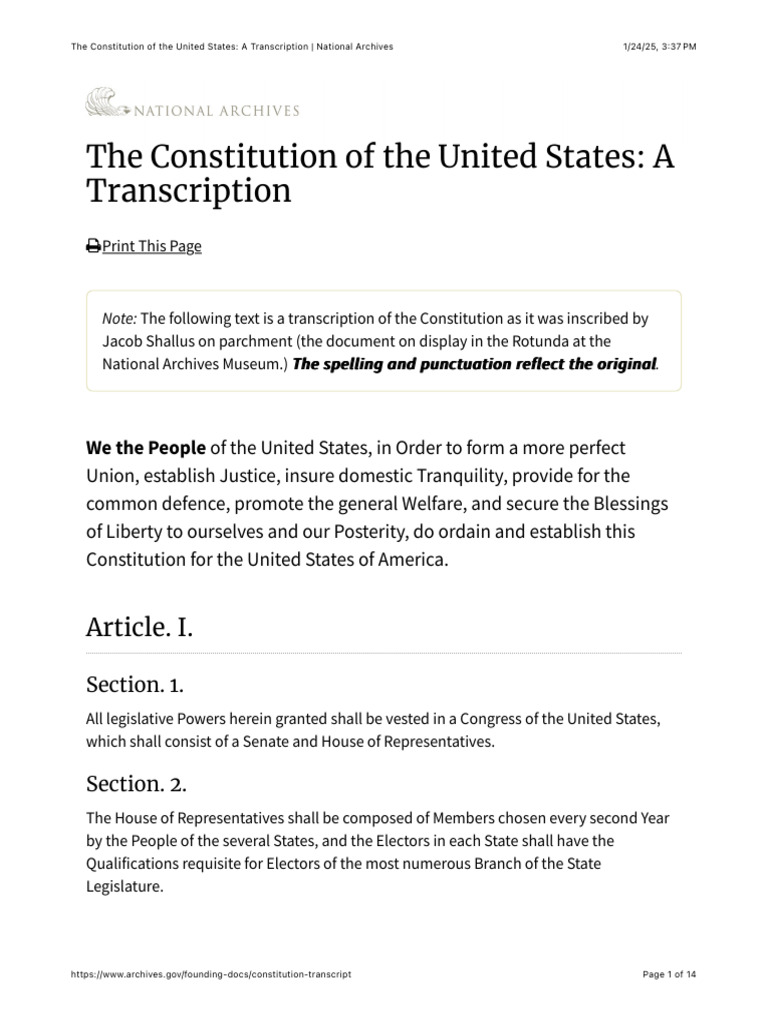 The Constitution of The United States: A Transcription - National ...